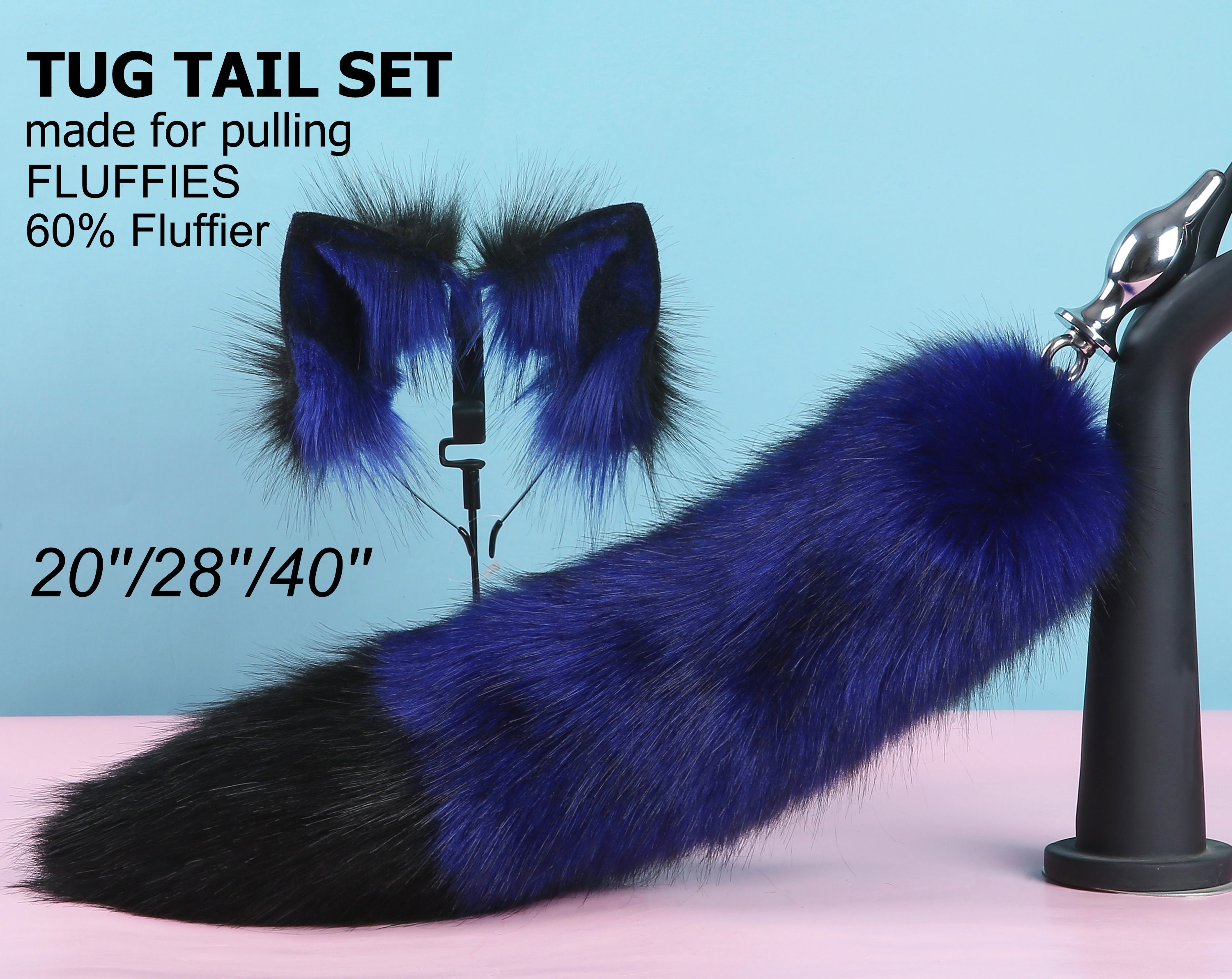 Blue Black Tug Tail Plug And Ear Set Fluffy Fox Tail Butt Plug Etsy