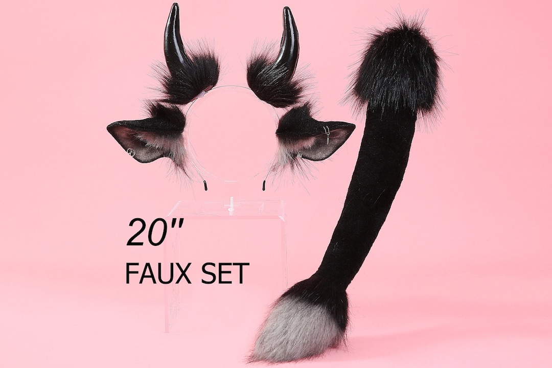 Black Realistic Faux Fur Cow Tail and Ear Set Cow Ear and Tail Set ...