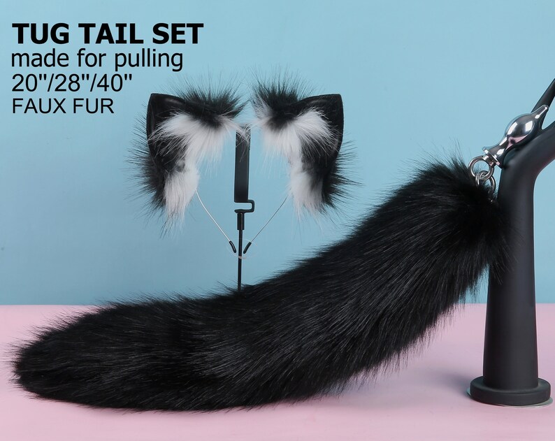 Black Tug Tail Plug And Ear Set Faux Fur Fox Tail Butt Plug Etsy