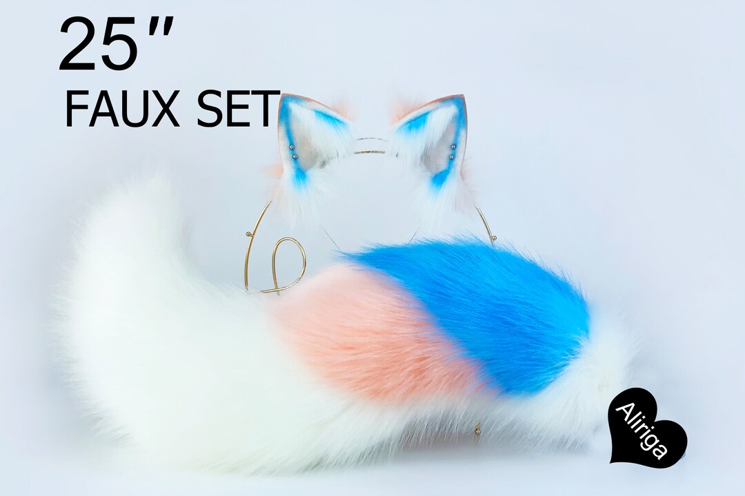 Realistic Faux Fur Fox Tail and Ears Set Curly Tail and Ears Kitten ...