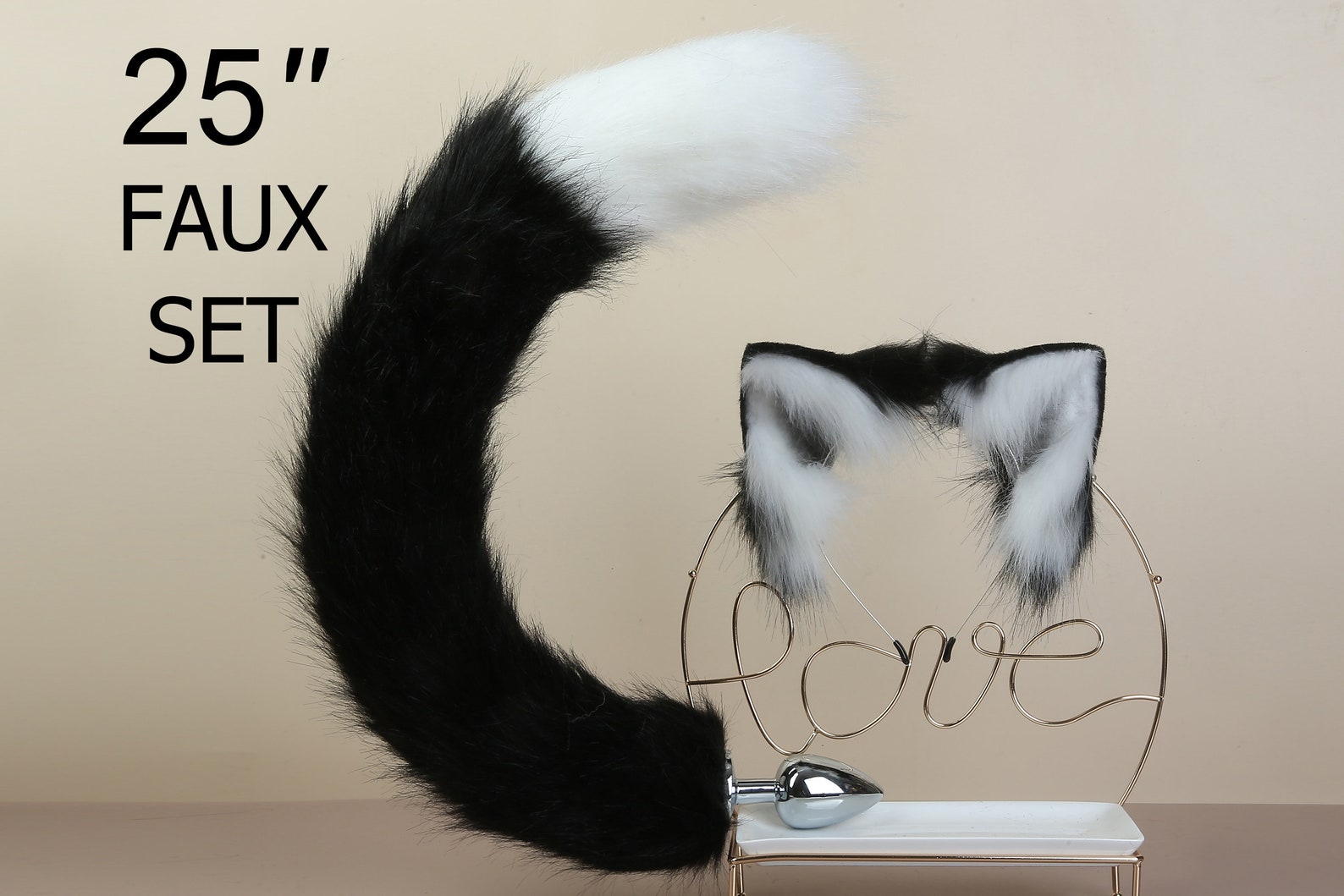 Black and White Cat Ear and Tail Plug Set-kitten Tail Buttplug | Etsy