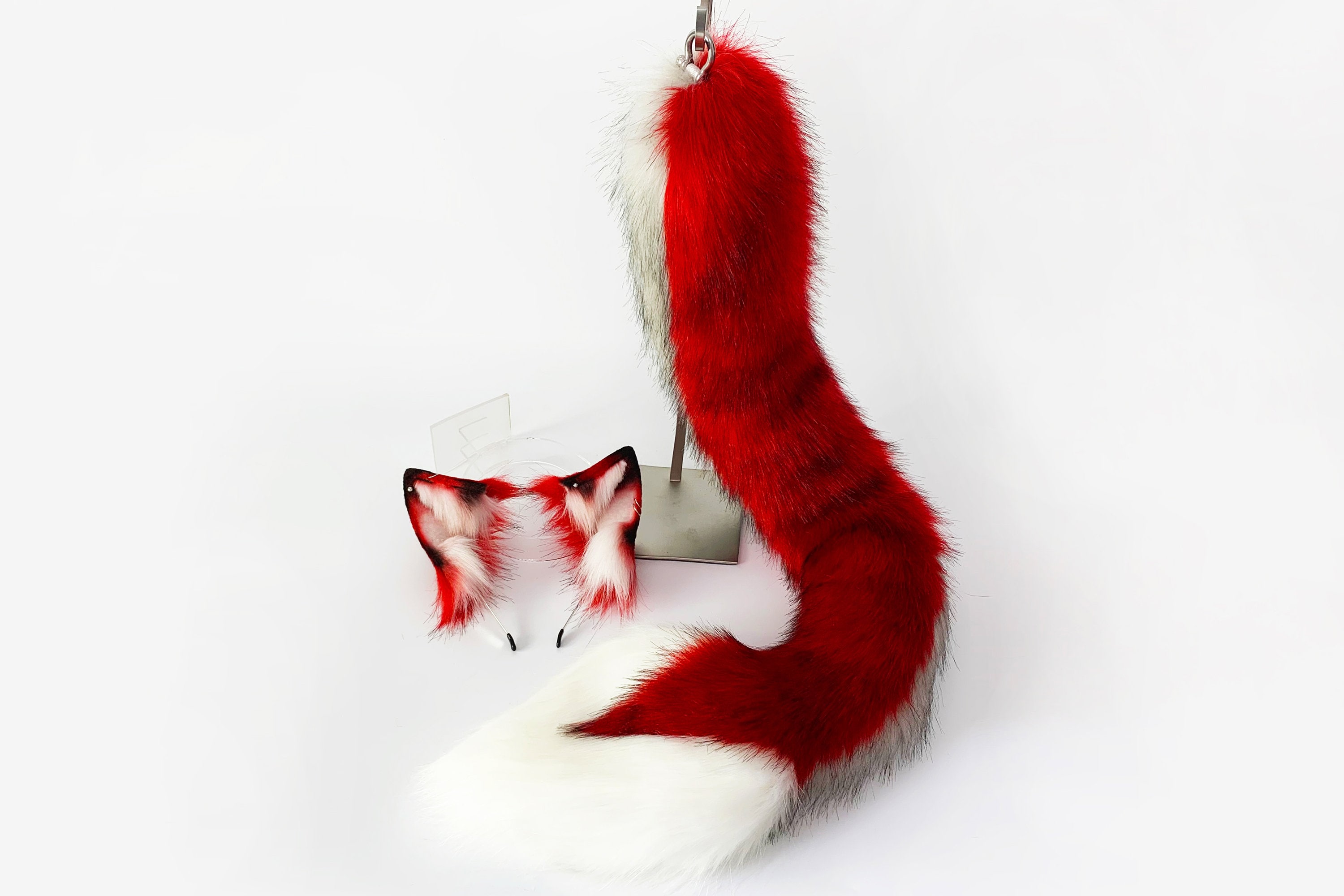 Red Faux Fur Dragon Tail and Ear Set Anime Cosplay Fluffy Tipped Dragon ...