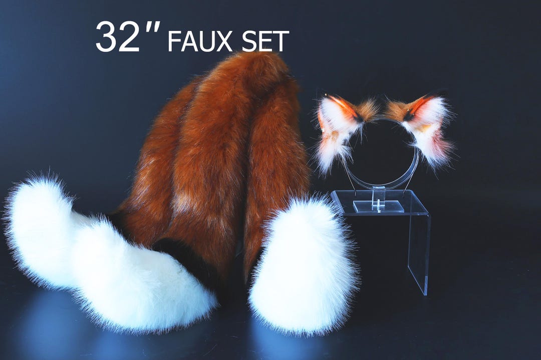 Faux Fur 3 Tailed Kitsune Tail and Ear Set Red Fox Tail 3 Fox Tails and ...