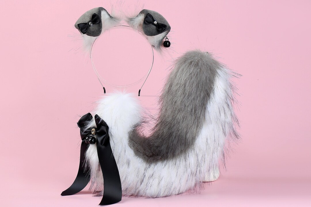 Gray Puppy Ear and Tail Set Realistic Faux Fur Shepherd Dog Ear and ...
