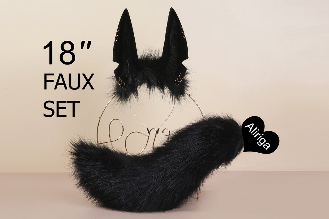 Black Realistic Faux Fur Anubis Ears and Tail Set Anubis Wolf Tail and ...