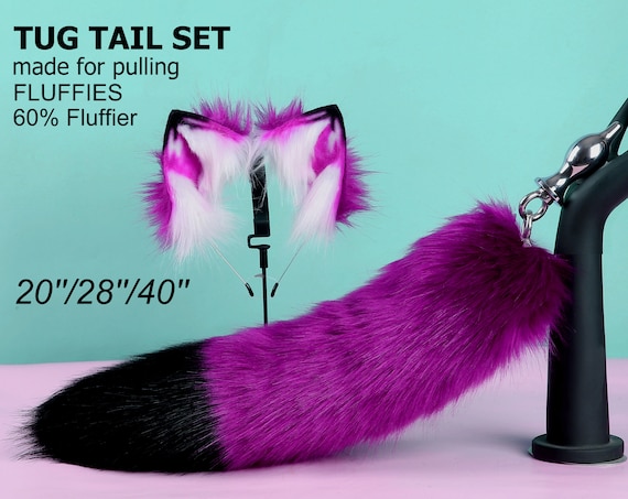 Purple black fluffy tug tail plug and ear set fluffy fox tail | Etsy