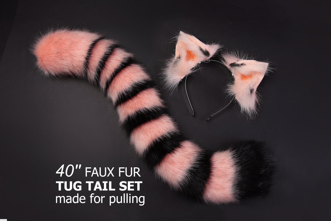Realistic Faux Fur Cat Tail and Ear Set Cat Ear Headband Kitten Ear and ...