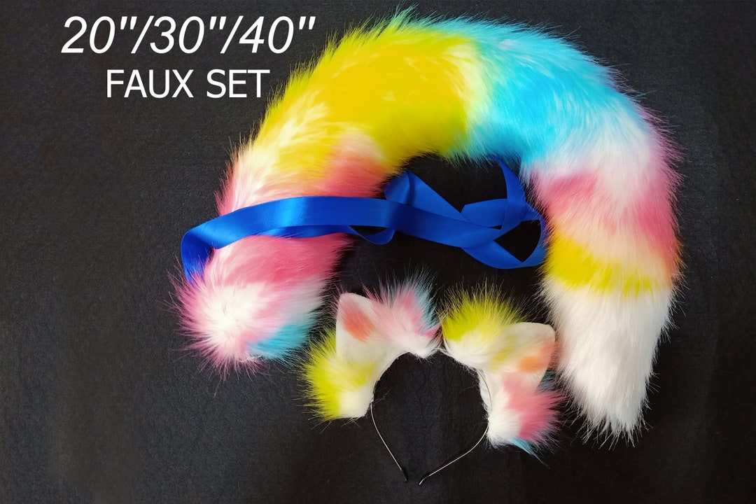 Rainbow Fox Tail and Ear Set Faux Fur Fox Ear and Tail Cosplay Wolf Tail and Wolf Ear Petplay ...