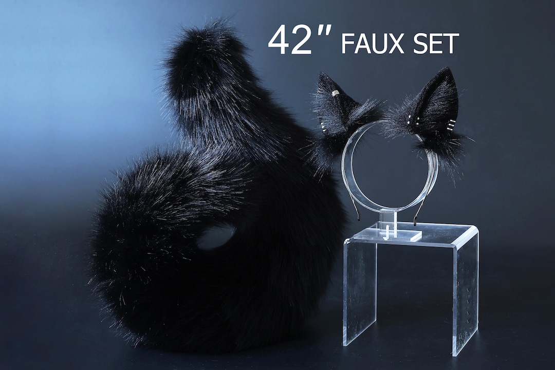 Black Faux Fur Puppy Tail and Ear Set Realistic Shiba Inu Dog Tail and ...