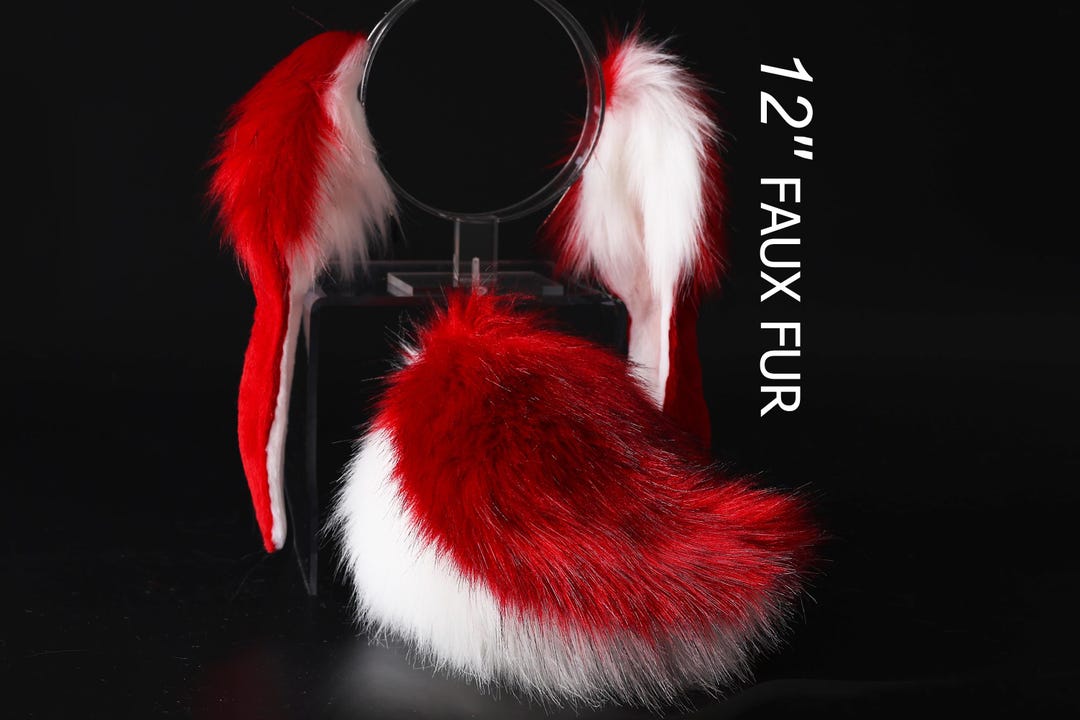 Red White Soft Lop Bunny Ear and Tail Cosplay Realistic Faux Fur Long ...