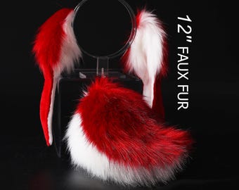 Fire Red Bunny Ears, Tail and Collar Set Faux Fur Ears Cosplay ...