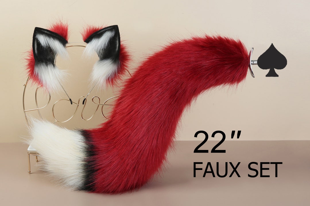 Faux Fur Black Red Fox Tail Plug And Ear Set Wolf Tail Butt Etsy