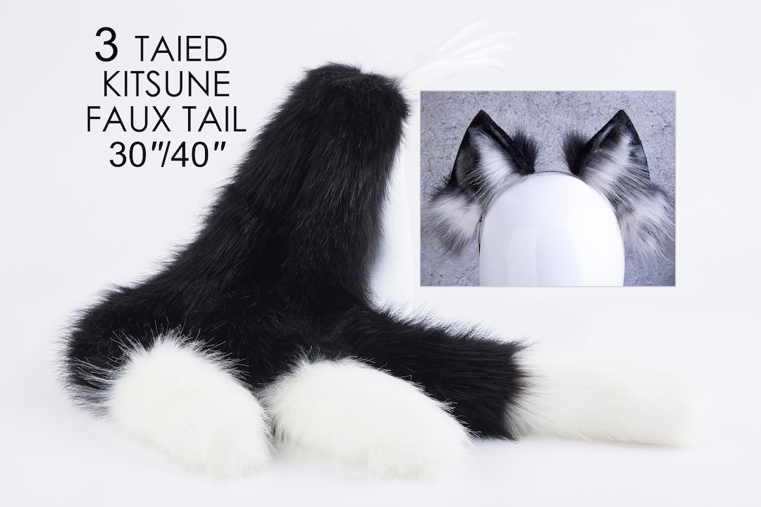 Realistic Faux Fur 3 Tailed Kitsune Tail and Ear Set 3 Fox Tails and ...