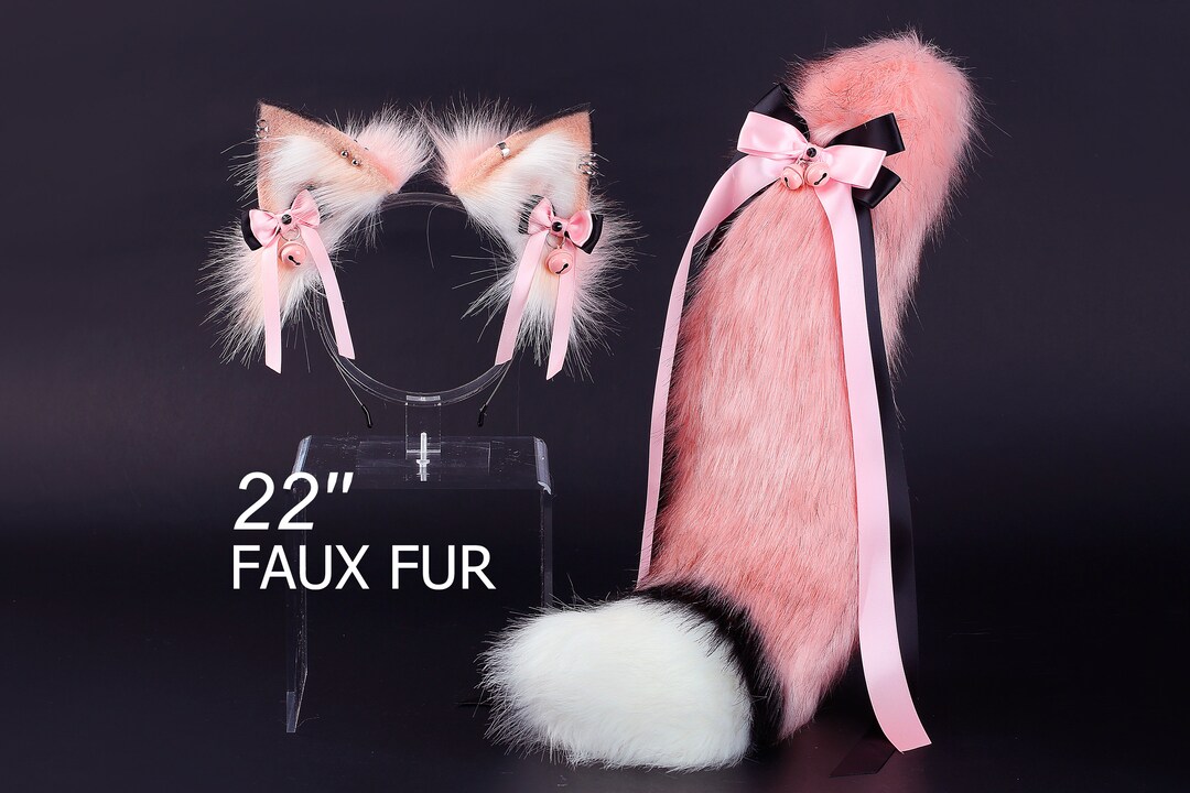 Pink White Faux Fur Fox Tail Plug and Ear Wolf Tail Buttplug and Ear ...