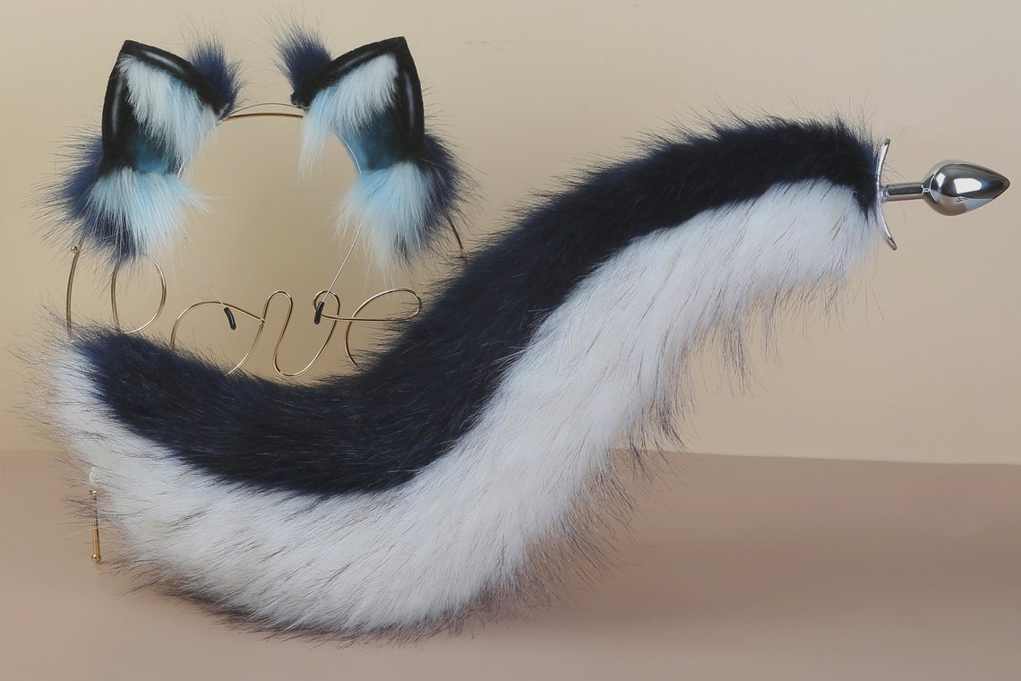 White Black Blue Fox Tail Plug and Ears Set Detach Curly Tail - Etsy