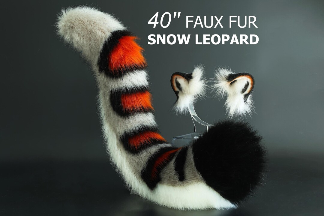 Realistic Faux Fur Gray Snow Leopard Ear and Tail Set Anime Cosplay ...