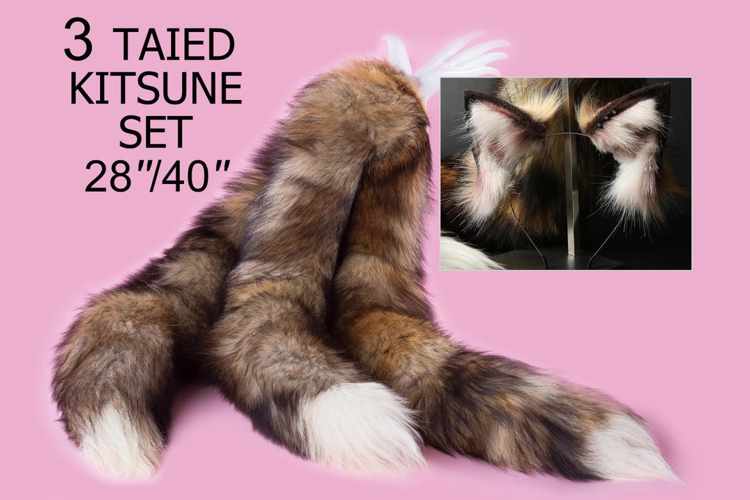 3 Tailed Kitsune Tail and Ear Set White 3 Fox Tails and Ears Set Kitten ...