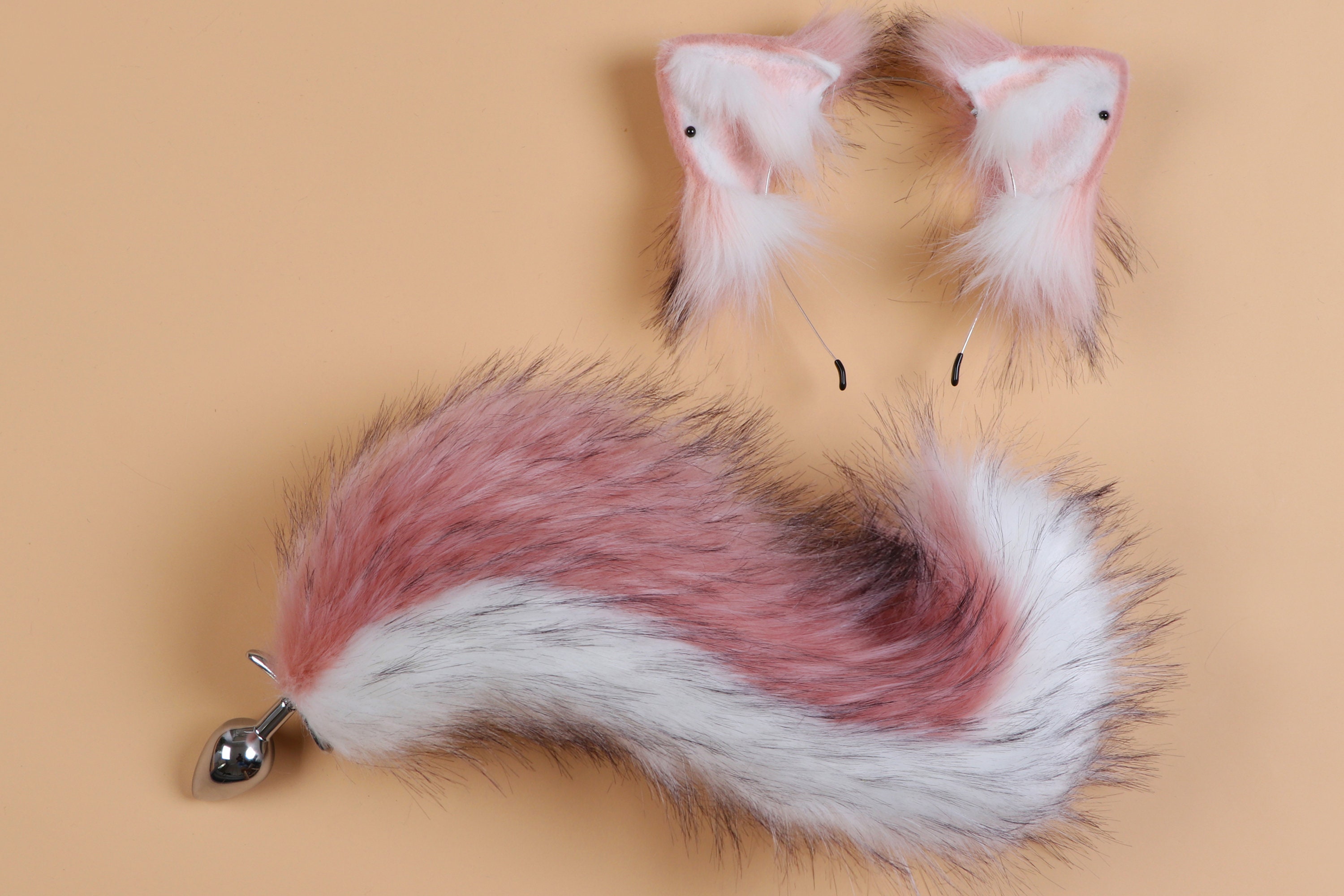 White Pink Fox Tail Plug and Ears Set Faux Fur Curly Tail Butt | Etsy