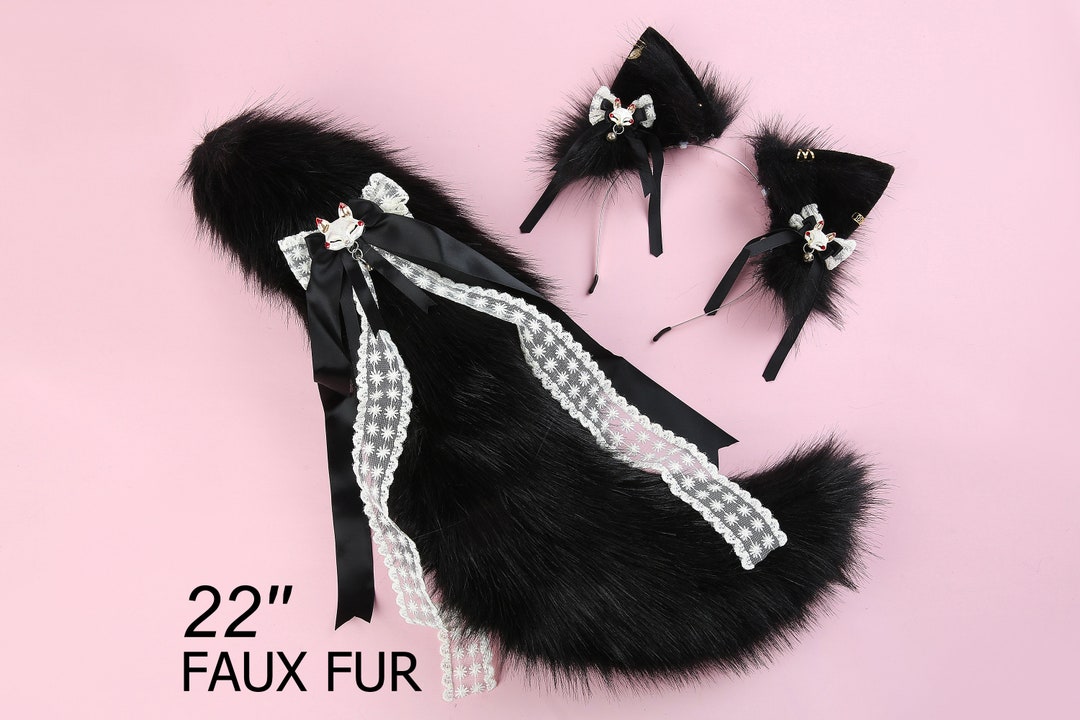Black Faux Fur Fox Tail Plug and Ear Wolf Tail Buttplug and Ear Kitten ...