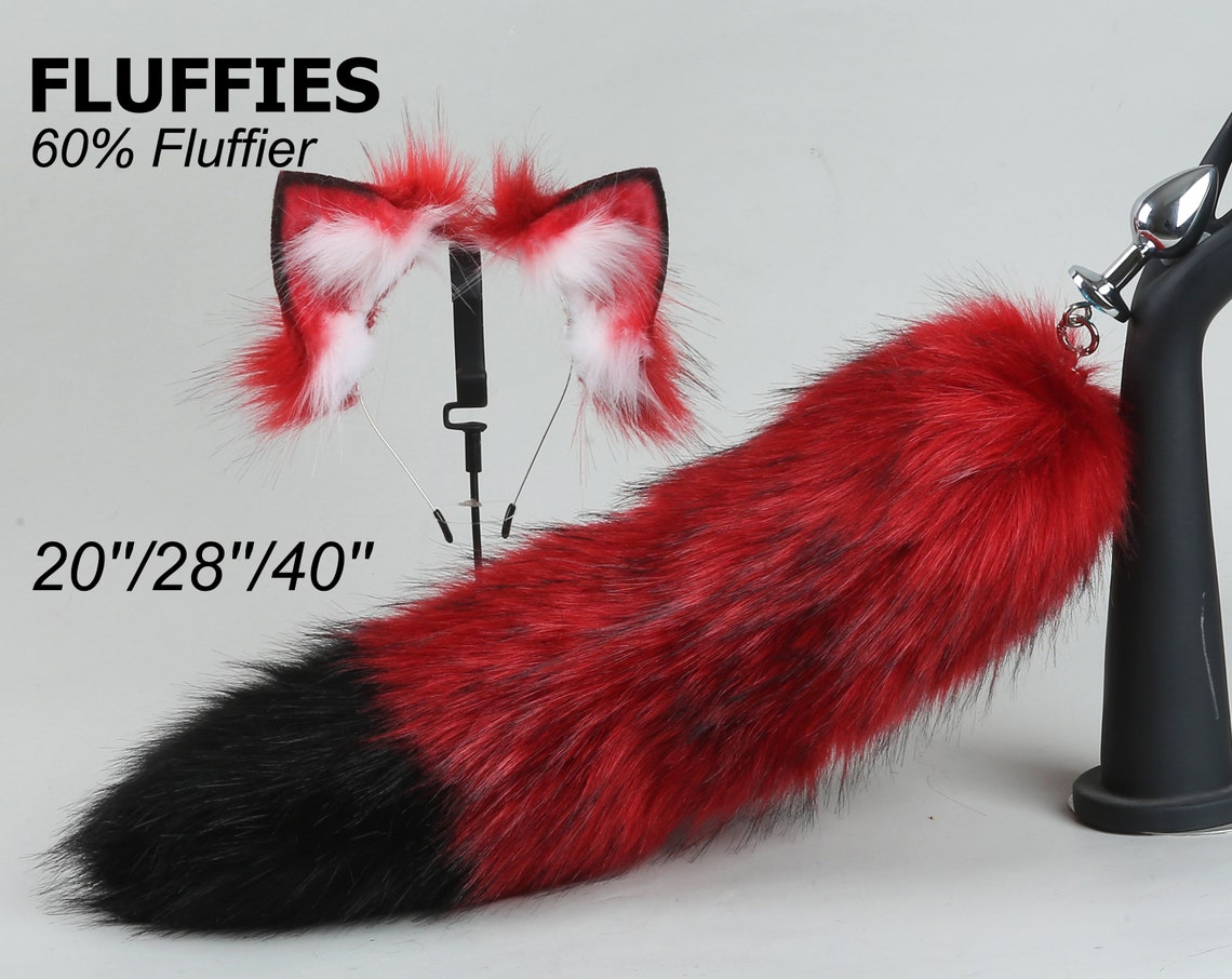 Red Black Fluffy Fox Tail Plug And Ear Set Wolf Tail Butt Plug Etsy