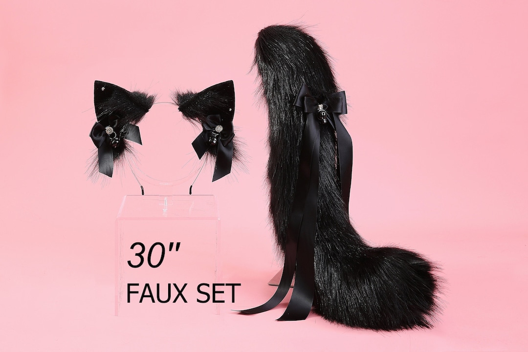 Realistic Faux Fur Cat Tail and Ear Set Cat Ear Headband Kitten Ear and ...