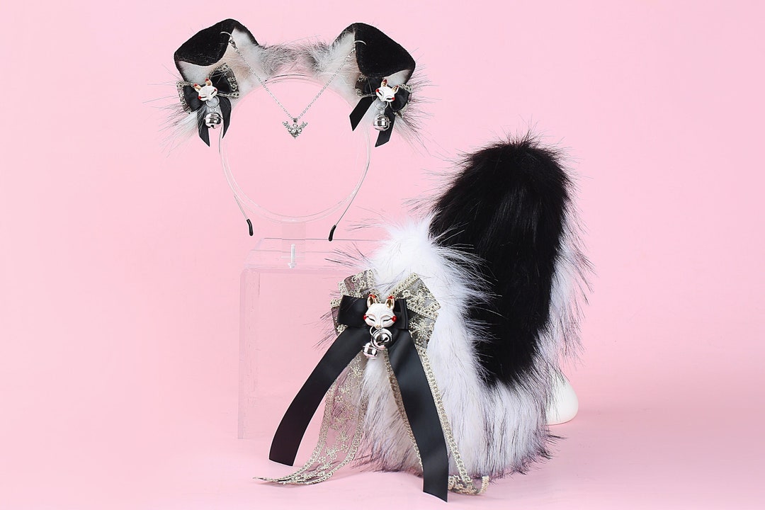 Black Bow Puppy Ear and Tail Set Realistic Faux Fur Shepherd Dog Ear ...