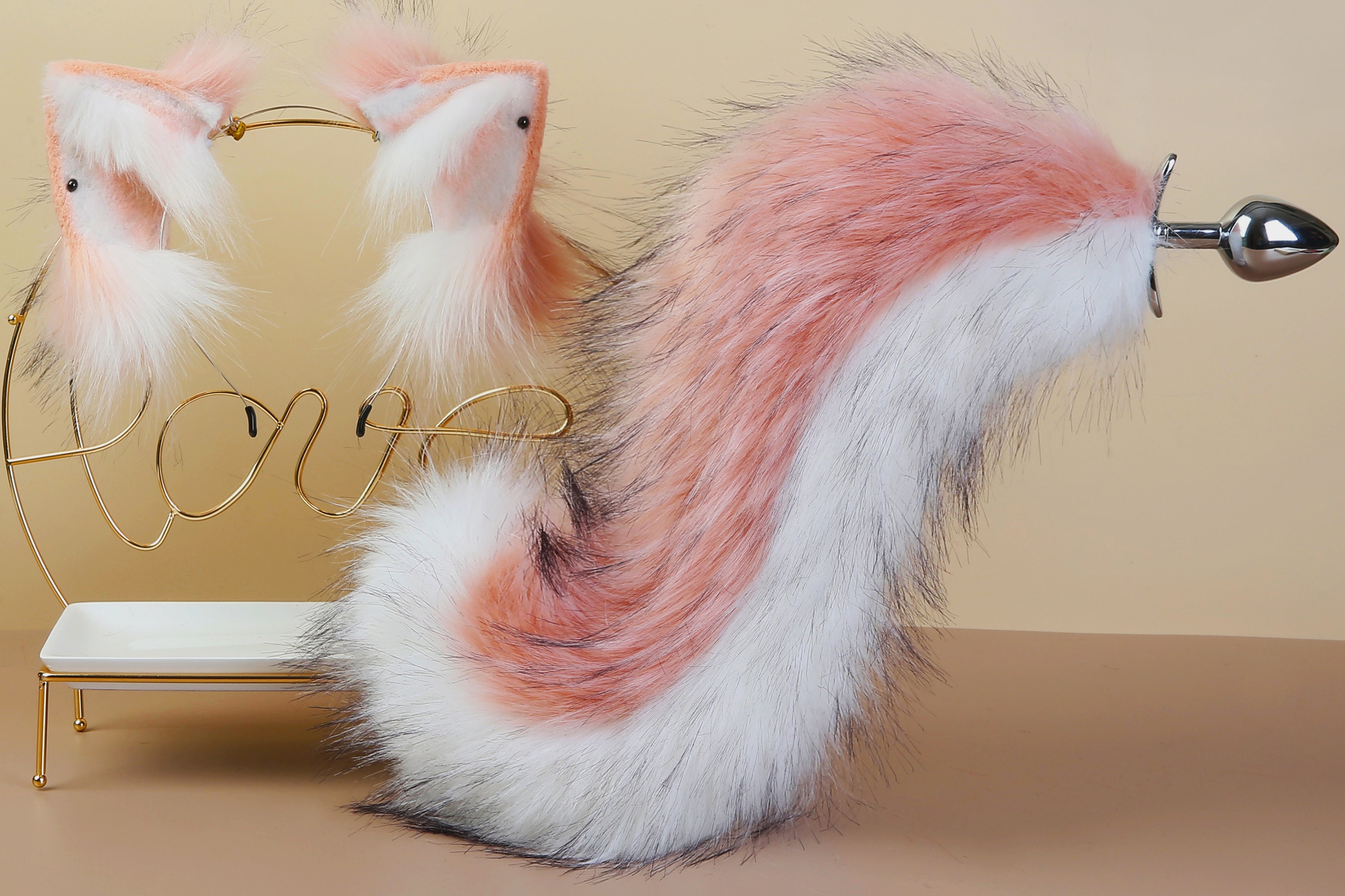 White Pink Fox Tail Plug and Ears Set Faux Fur Curly Tail Butt | Etsy