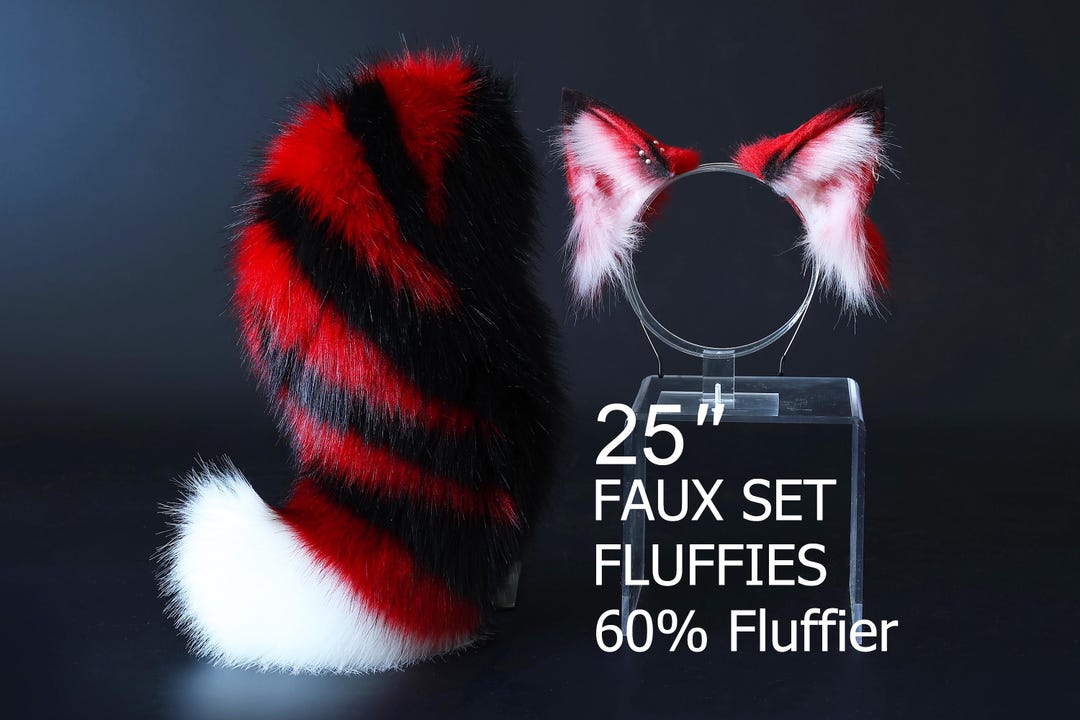 Red Black Cat Ear and Tail Set Realistic Faux Fur Kitten Ear and Tail ...