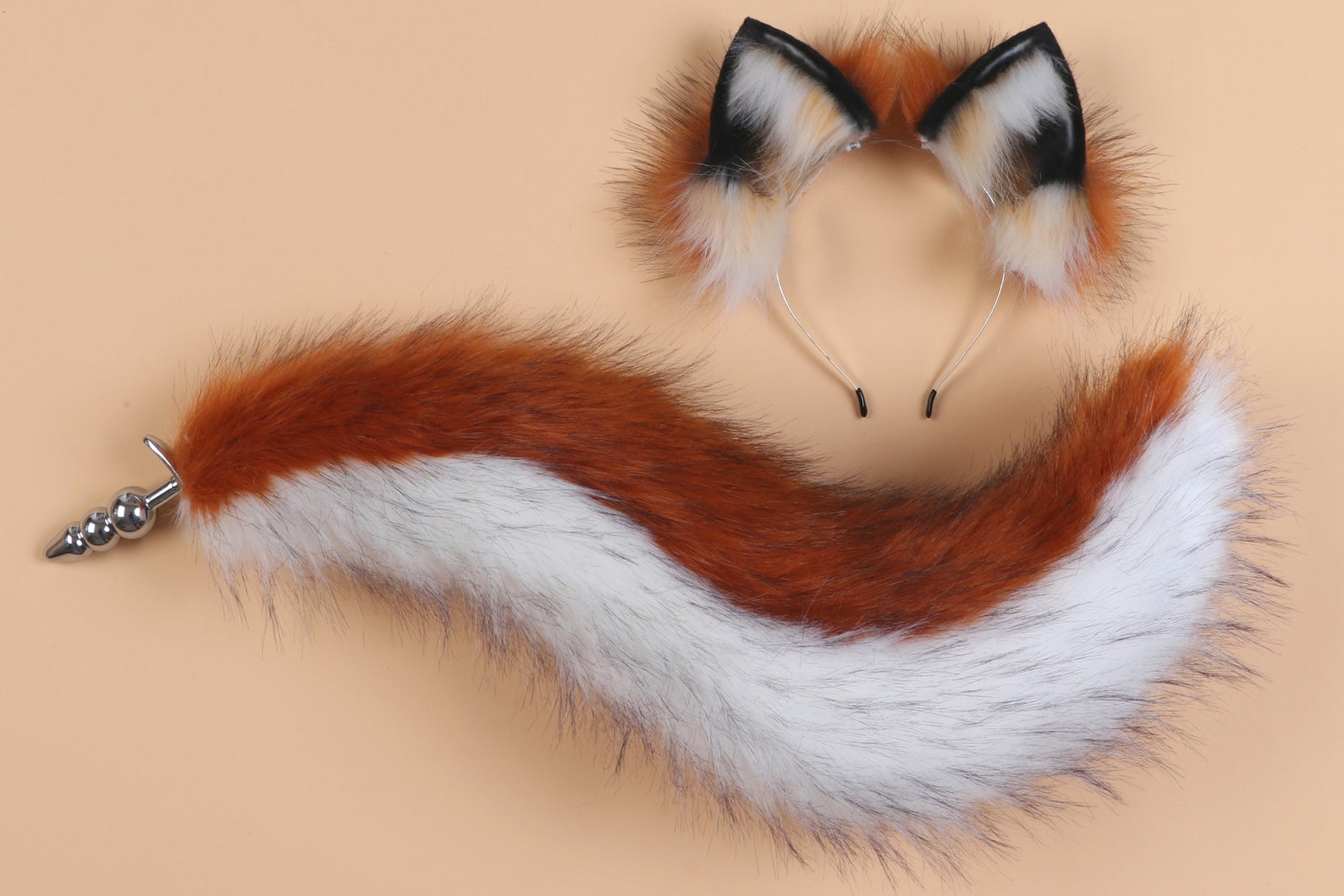 White Brown Faux Fur Fox Tail Plug and Ear Wolf Tail Buttplug | Etsy