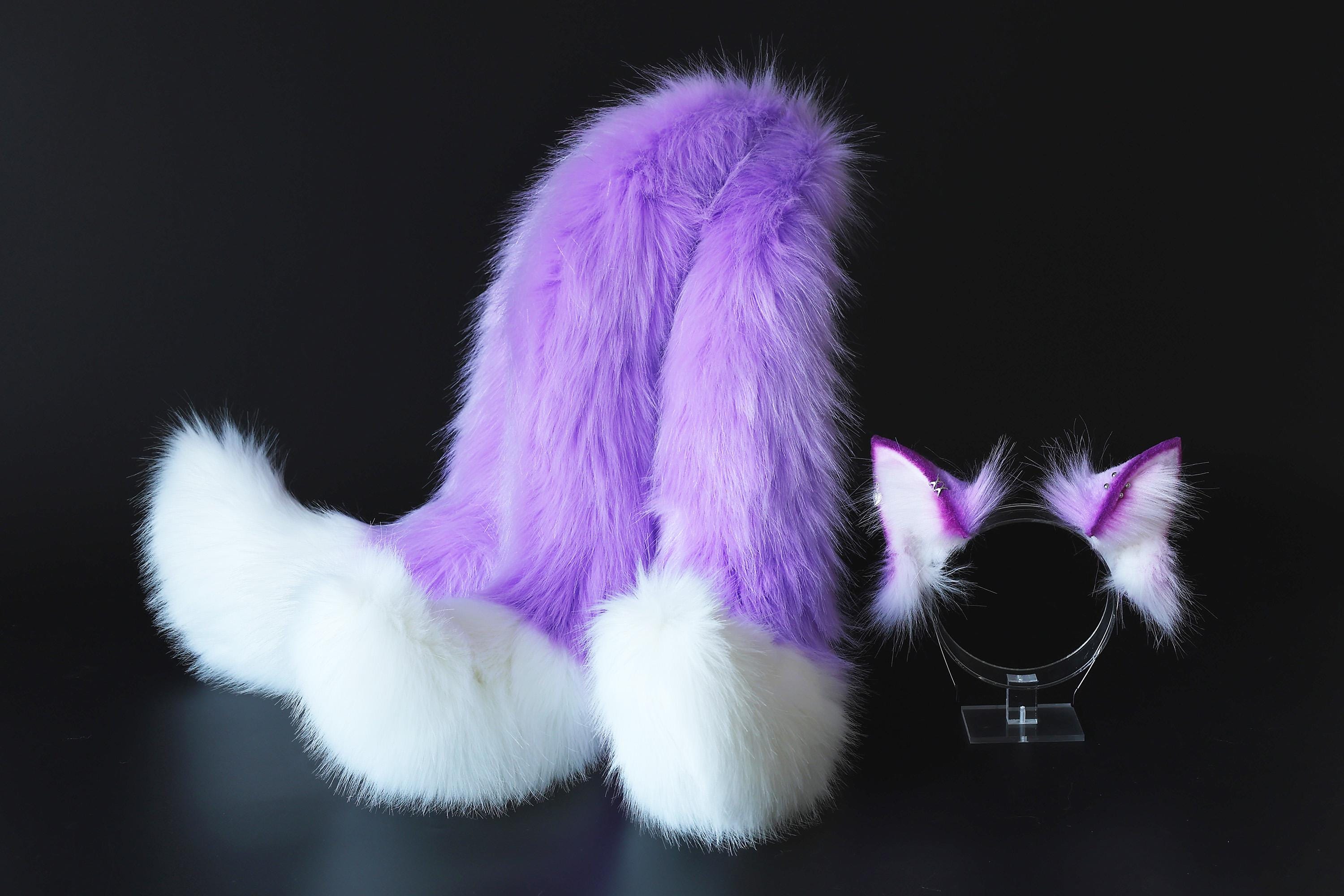 Faux Fur 3 Tailed Kitsune Tail and Ear Set Purple White 3 Fox Tails and ...