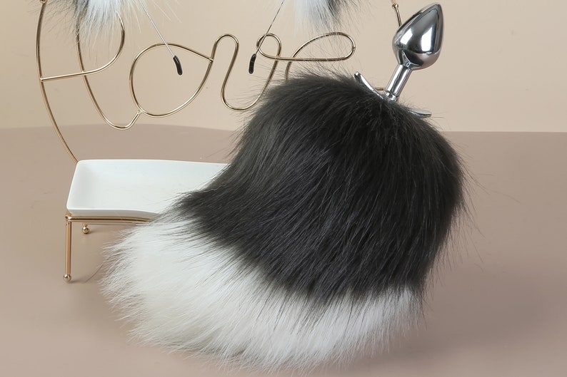 Gray White Tail Plug and Ear Petplay Ear Tail Butt Plug Tail | Etsy