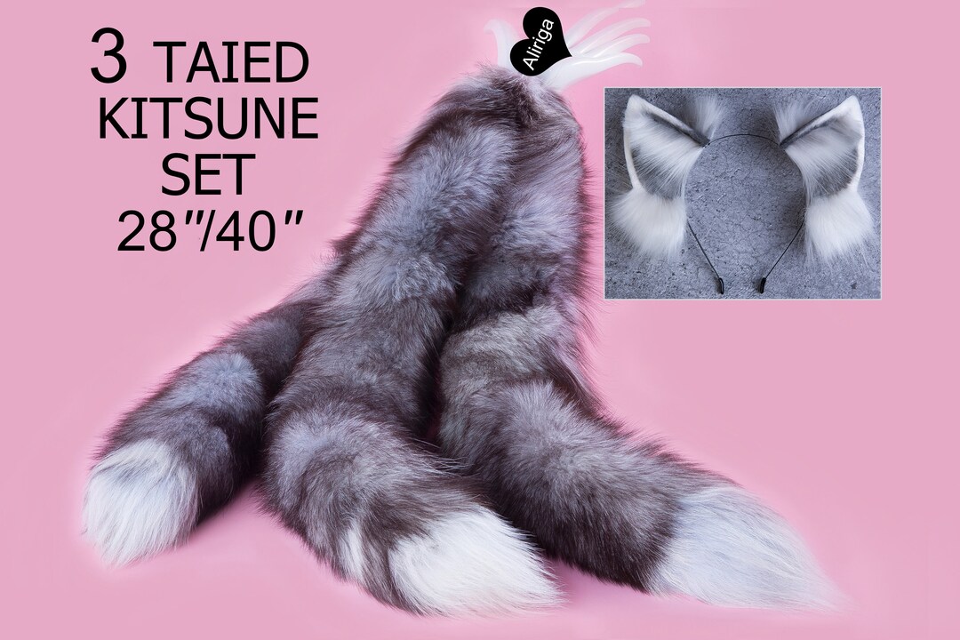 3 Tailed Kitsune Tail and Ear Set White 3 Fox Tails and Ears Set Kitten ...