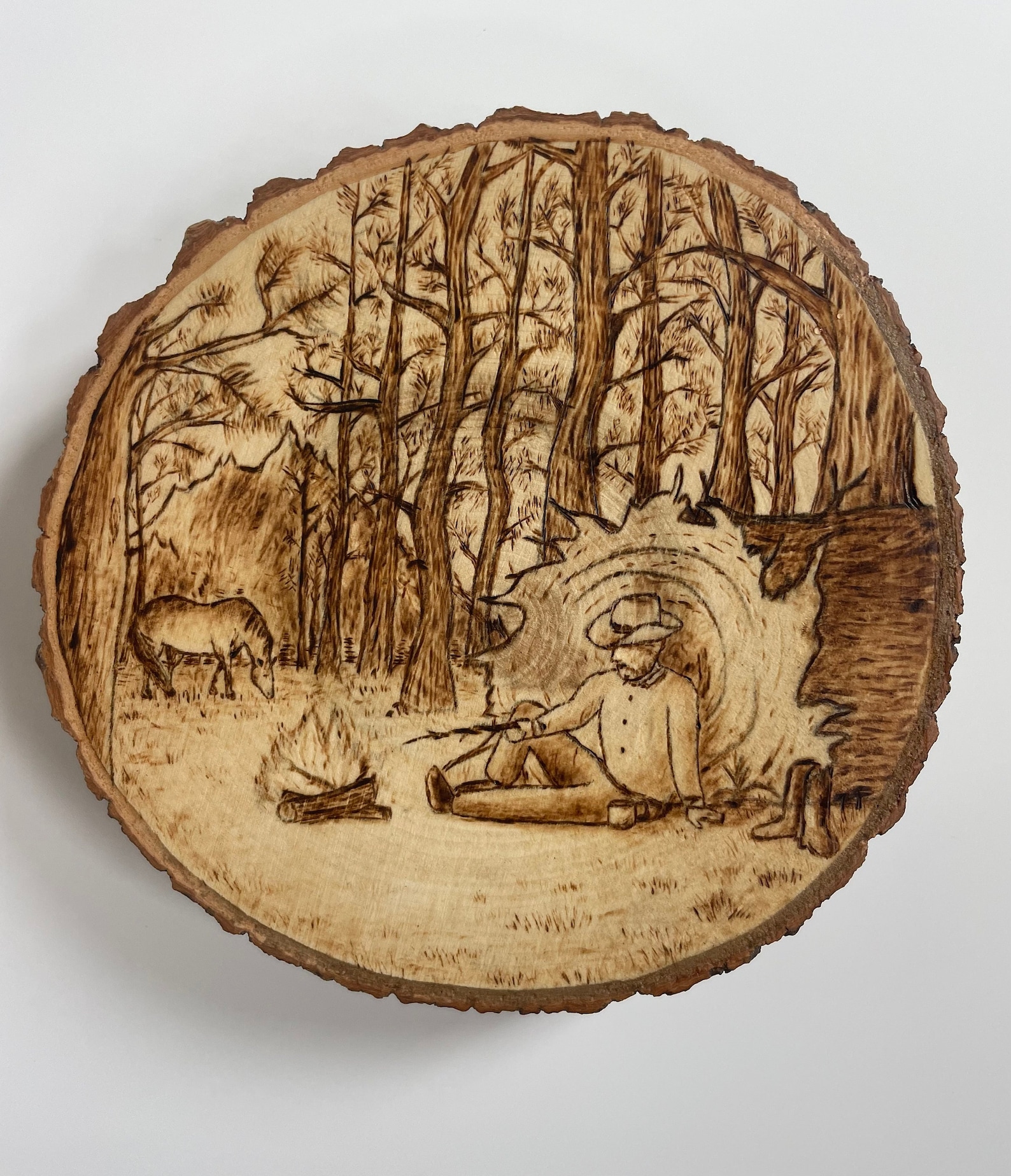Original Woodburned Art "cowboy Campfire" Pyrography Art on Wood Slice ...
