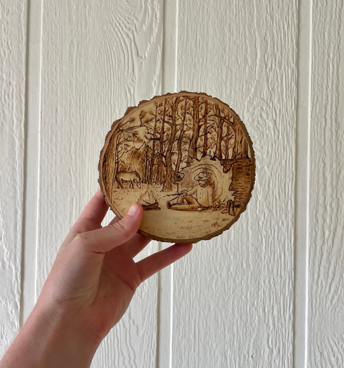 Original Woodburned Art "cowboy Campfire" Pyrography Art on Wood Slice ...