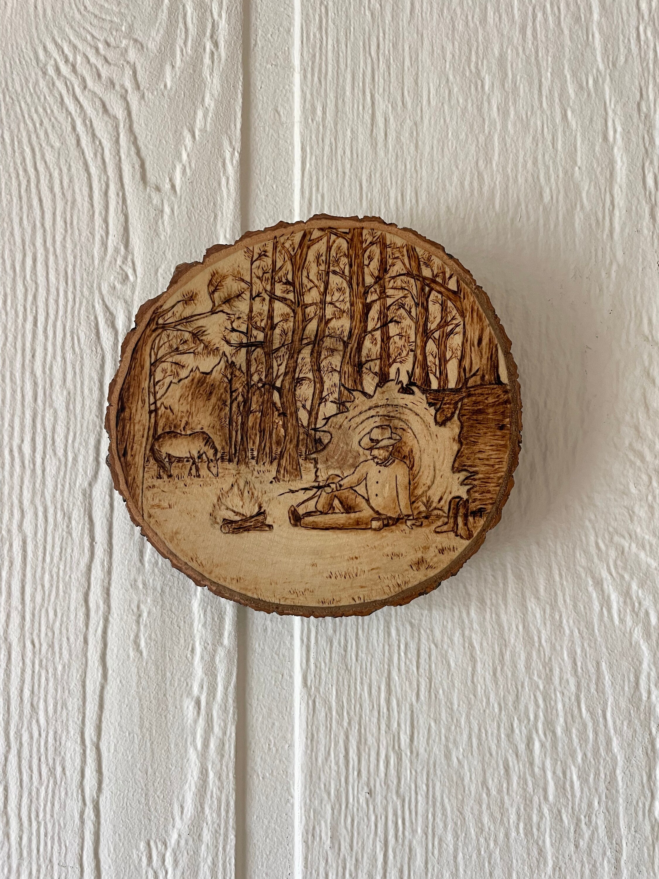 Original Woodburned Art "cowboy Campfire" Pyrography Art on Wood Slice ...