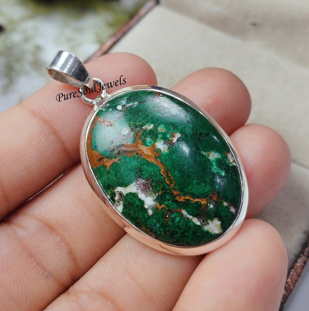 Australian Chrysocolla Pendant: Boho 925 Sterling Silver Healing Stone ...