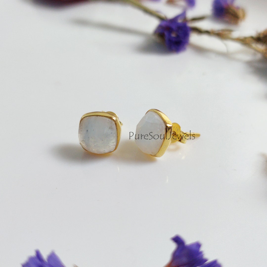 Natural Rainbow Moonstone Stud Earring, 925sterling Silver Stud, Blue ...