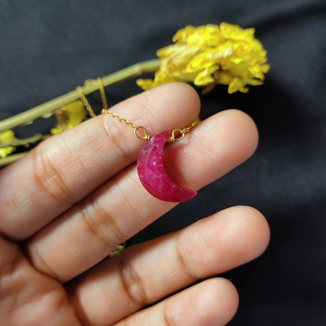Pink Ruby Crescent Moon Necklace, Ruby Necklace, July Birthstone, Celestial Jewelry, Crystal ...