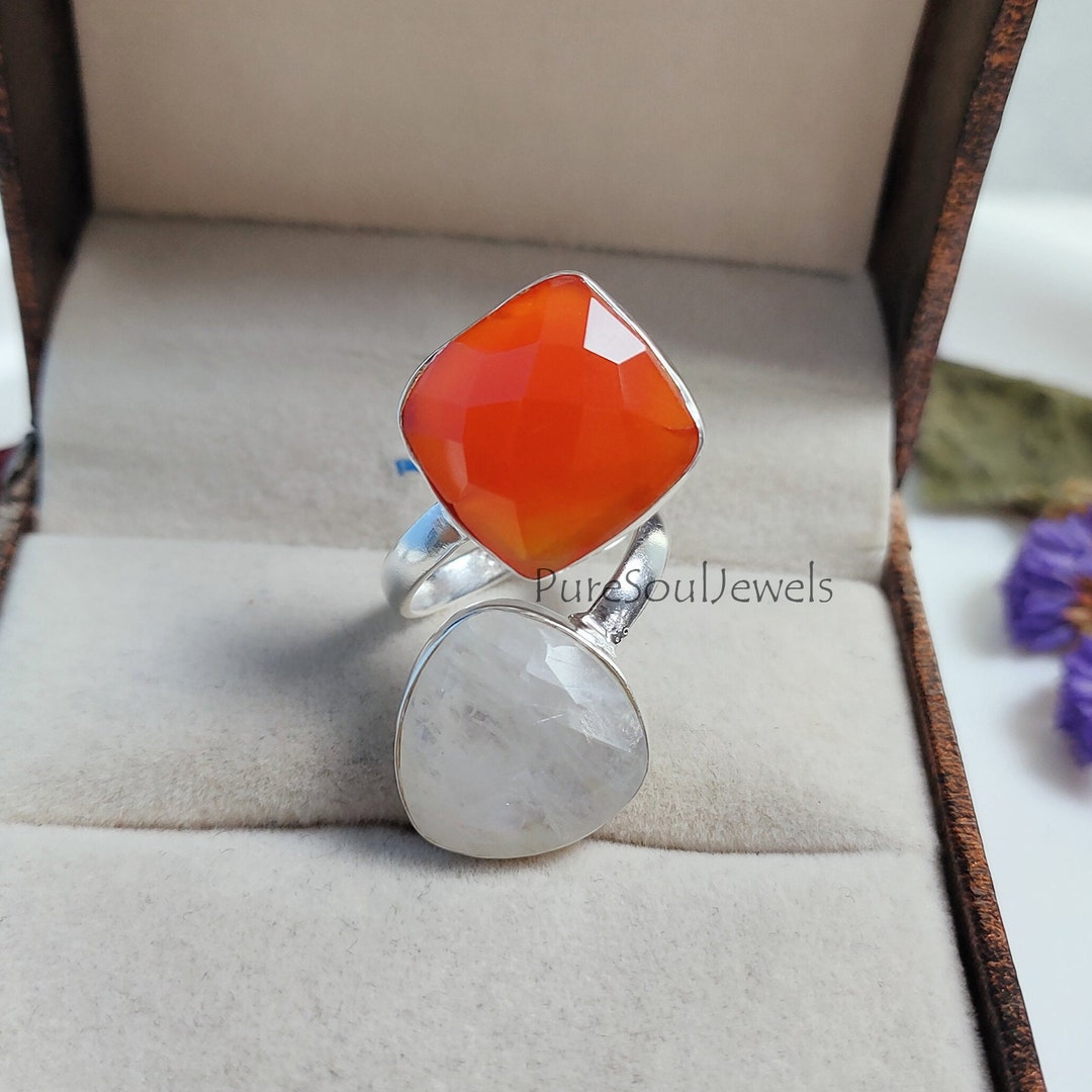 Rainbow Moonstone Ring, Carnelian Ring, 925 Sterling Silver Ring, Statement Ring, Adjustable ...