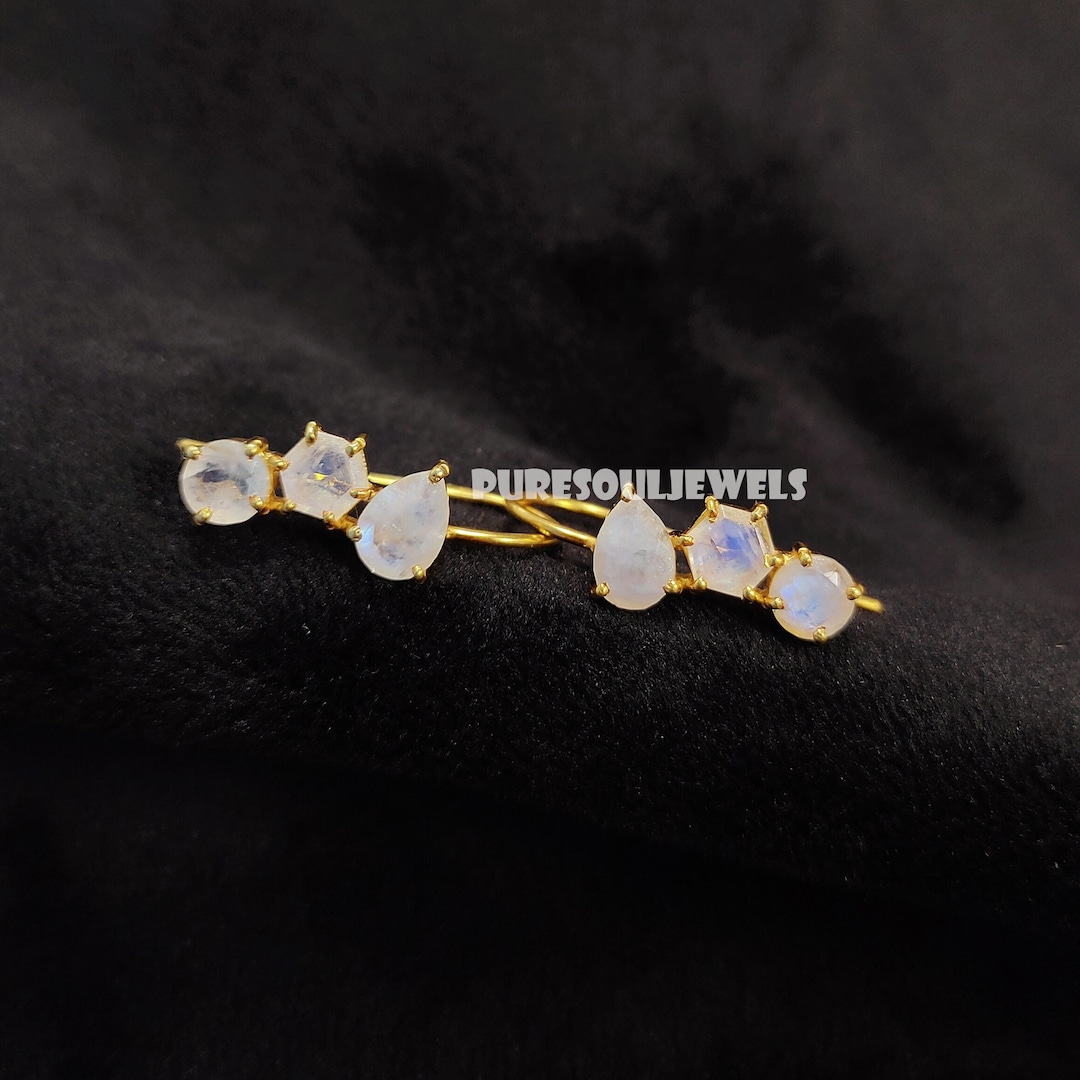 Rainbow Moonstone Ear Climber, Blue Fire Earring, 925 Sterling Silver ...