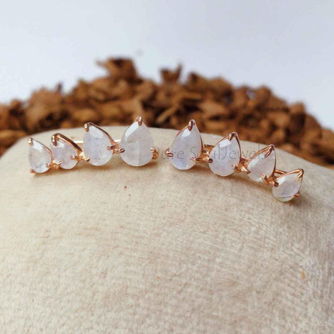 Rainbow Moonstone Ear Climber Earring, 925 Silver Rose Gold Plated ...