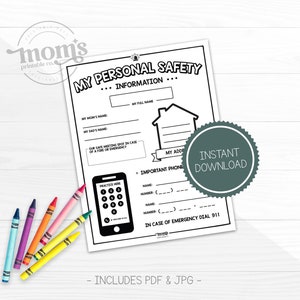 Kids Safety Information Printable, Emergency Plan Worksheet for Kids ...