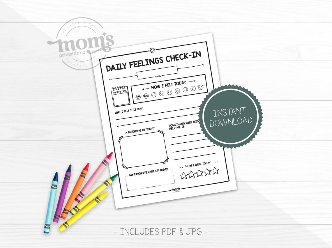 Feelings Check-in Worksheet for Kids, Emotions Journal, Child Therapy ...