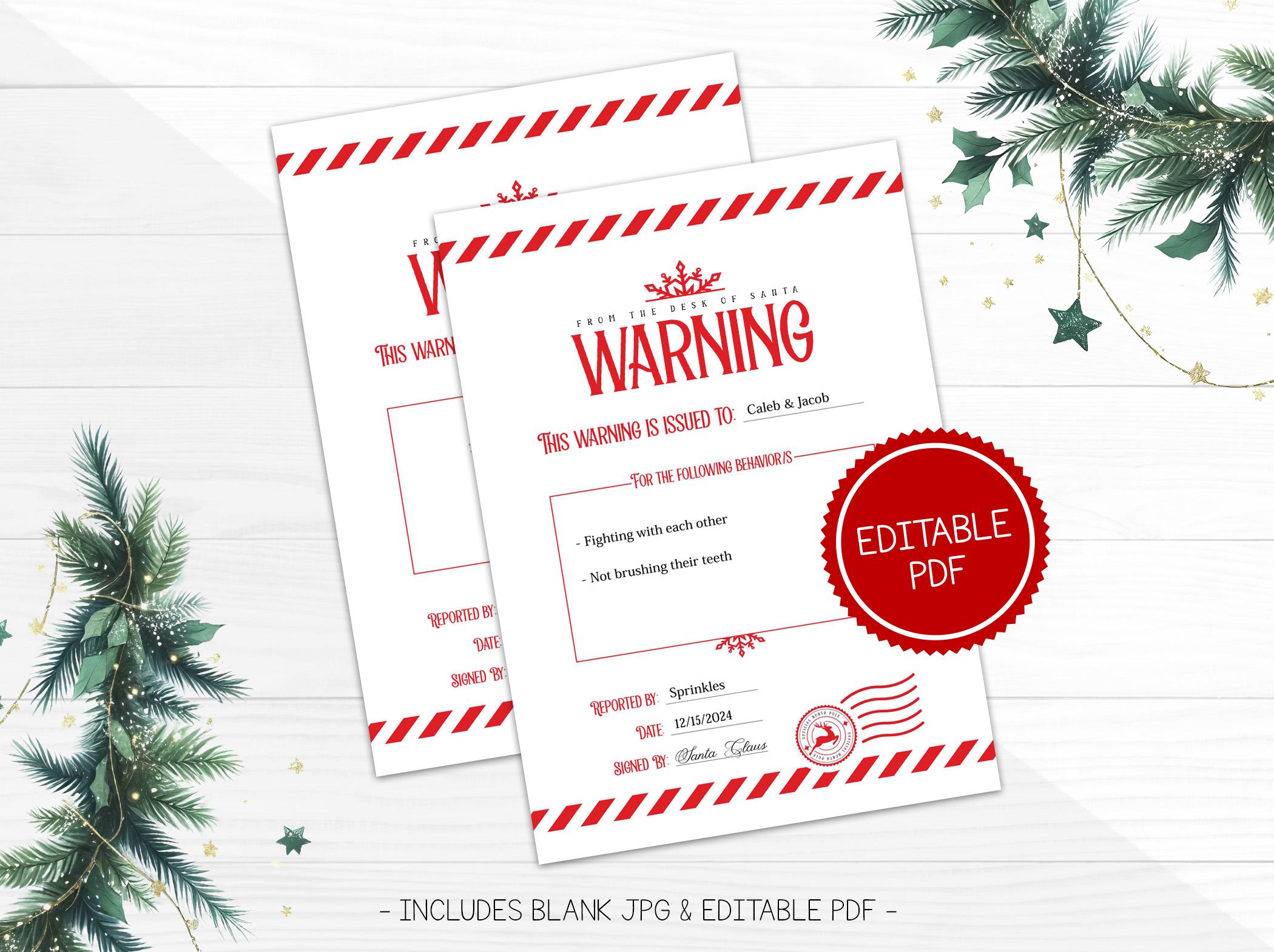 Editable Warning Letter From Santa, Printable North Pole Elf Mail ...