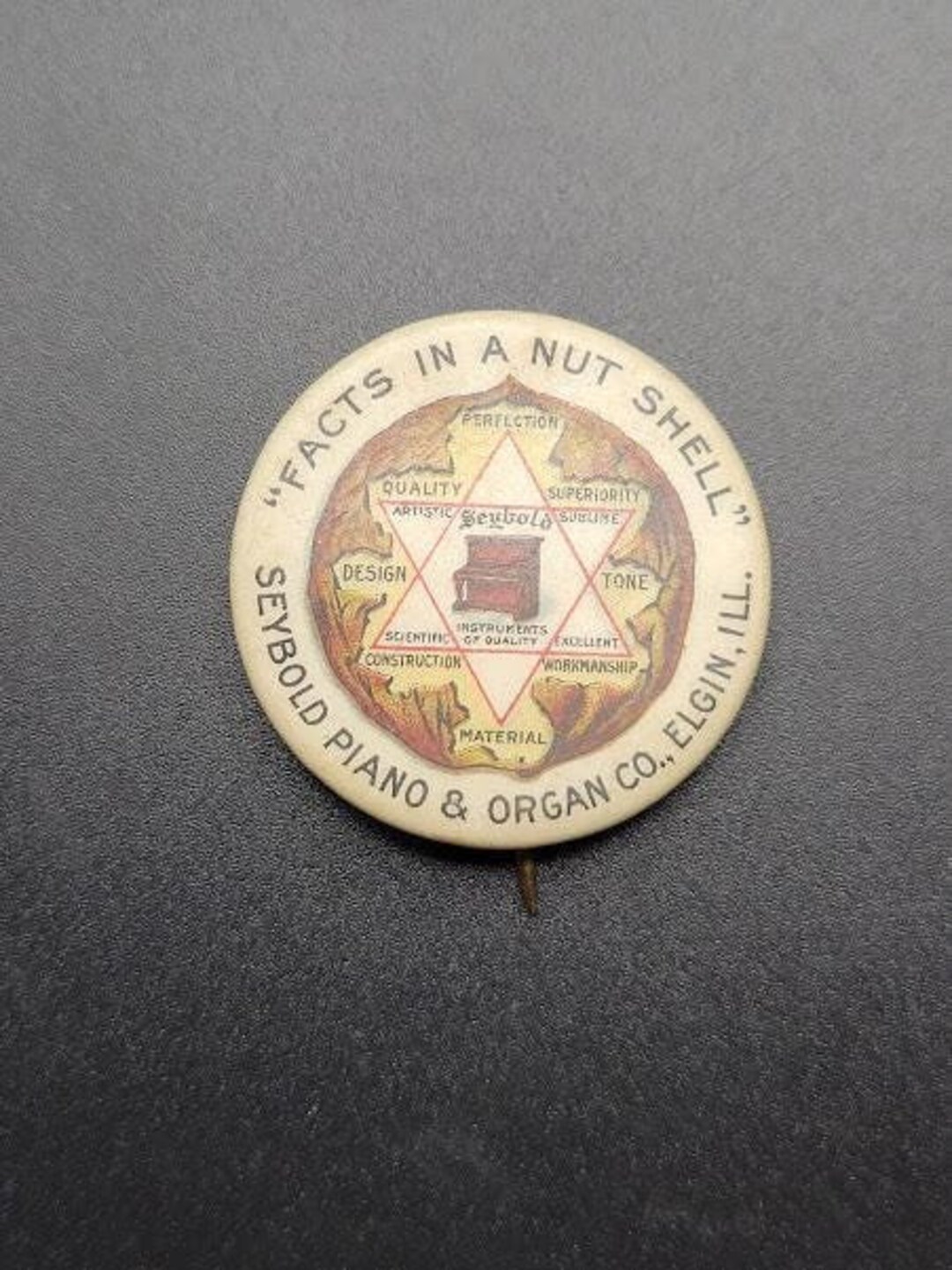 Antique Seybold Piano and Organ Co. Pin Back Button "facts in a Nut ...