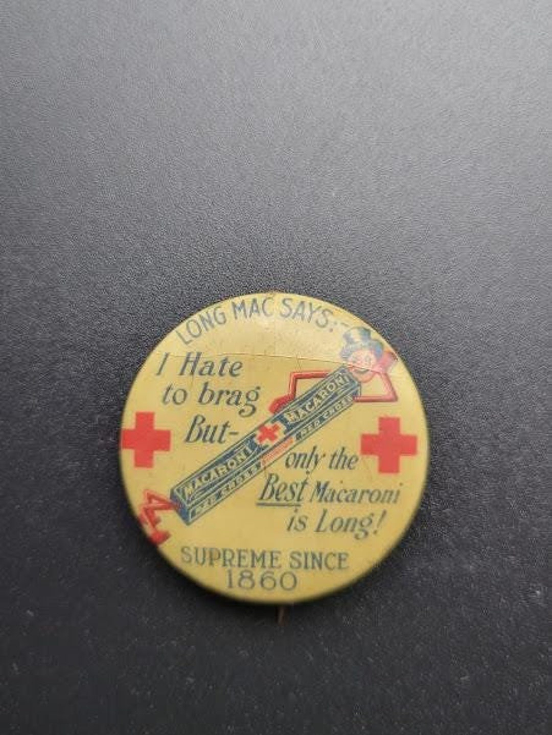 Vintage 1920s Red Cross Macaroni Pin Back Button Celluloid Advertising ...