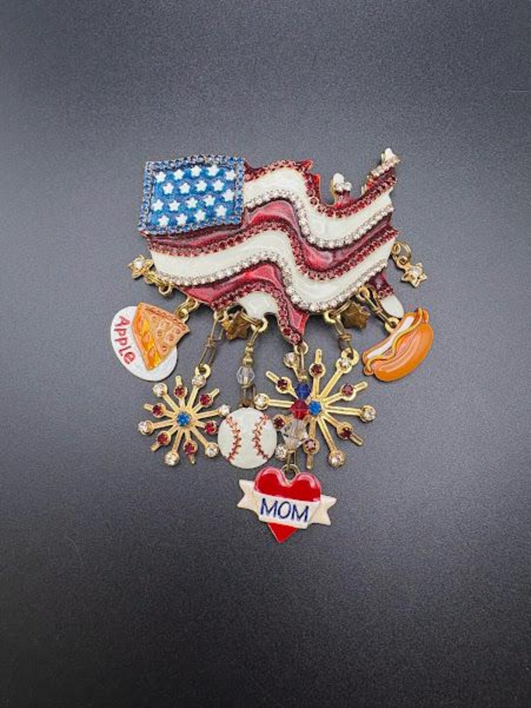 Vintage Lunch at the Ritz American Flag Brooch Gold Toned Signed Red ...