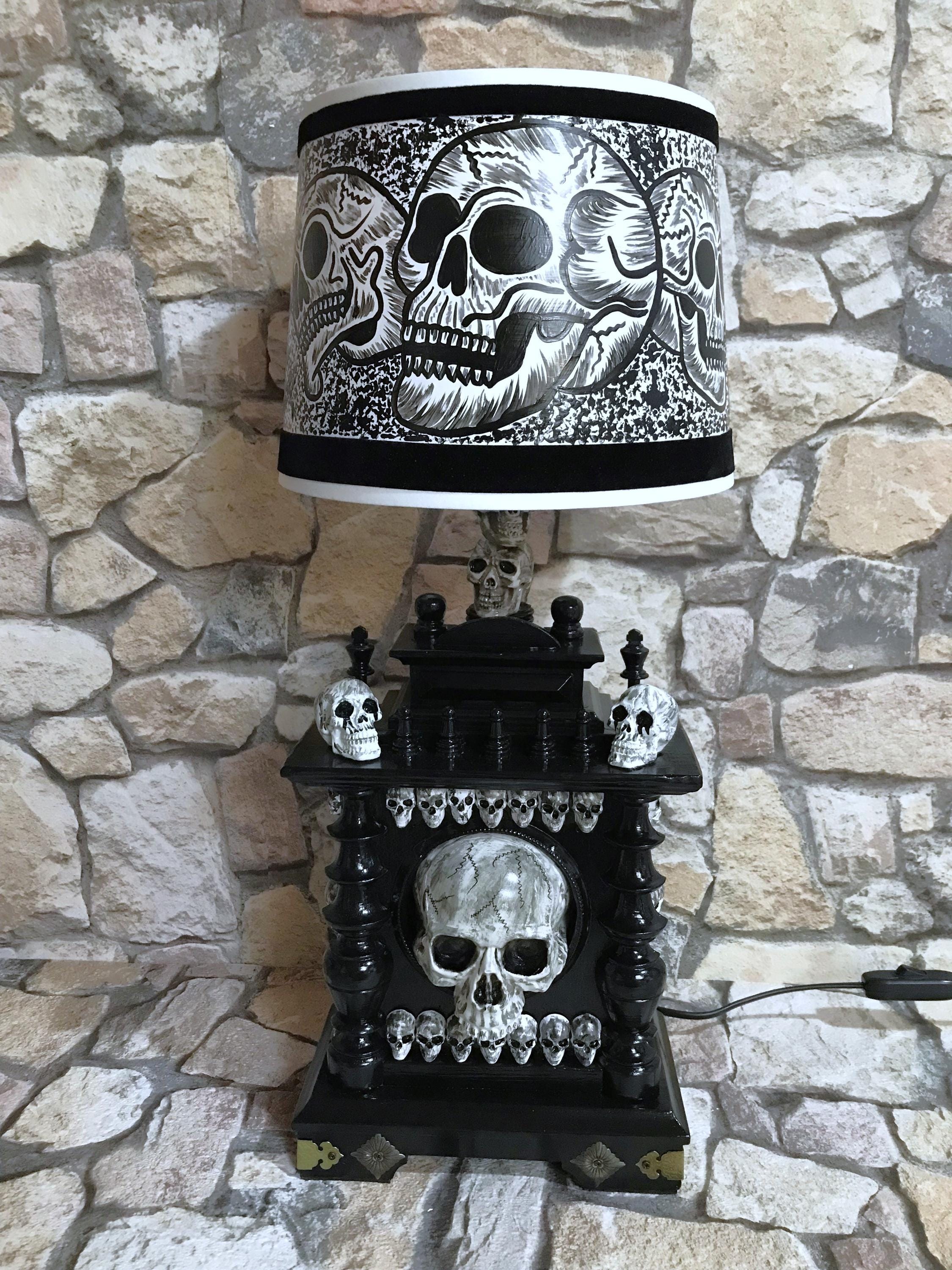 Skull Table Lamp, a Vintage Furniture With a Hand-painted Lampshade - Etsy