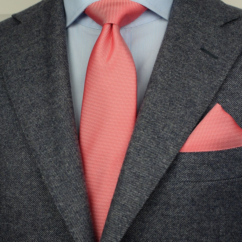Neon Coral Tie Set Solid Colored Mens Tie in Neon Coral With - Etsy
