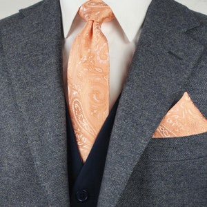 Peach Orange Tie Set | Formal Mens Paisley Necktie + Pocket Square Set ...